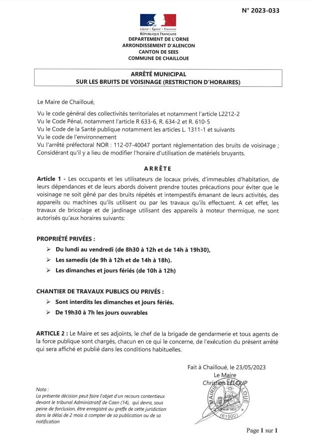 > arrêté aux bruits de voisinage